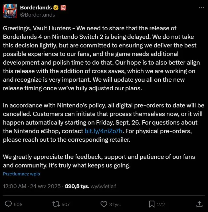 Premiera Borderlands 4 na Nintendo Switch 2 opóźniona. Twórcy muszą jeszcze dopracować swoją grę ...
